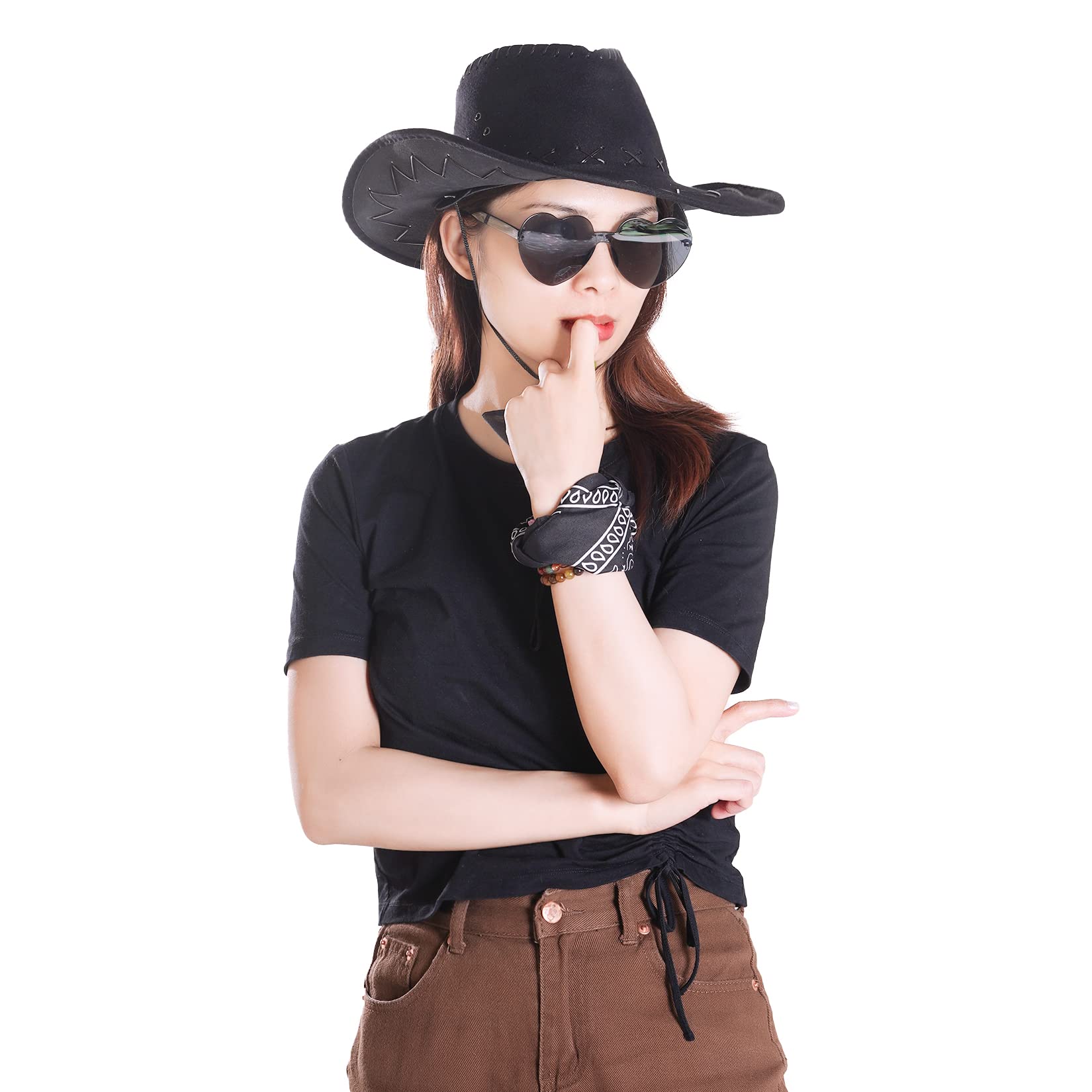 choyaxo Western Cowboy Costume Set Including Cowgirl Hat Heart Shaped Sunglasses and Bandana for Halloween,Black
