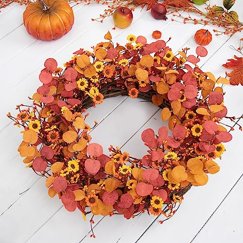 DIYFLORU Fall Wreaths for Front Door 22 inch Autumn Door Wreath Fall Eucalyptus Wreath with Daisy for Thanksgiving Harvest Festival Indoors Outside