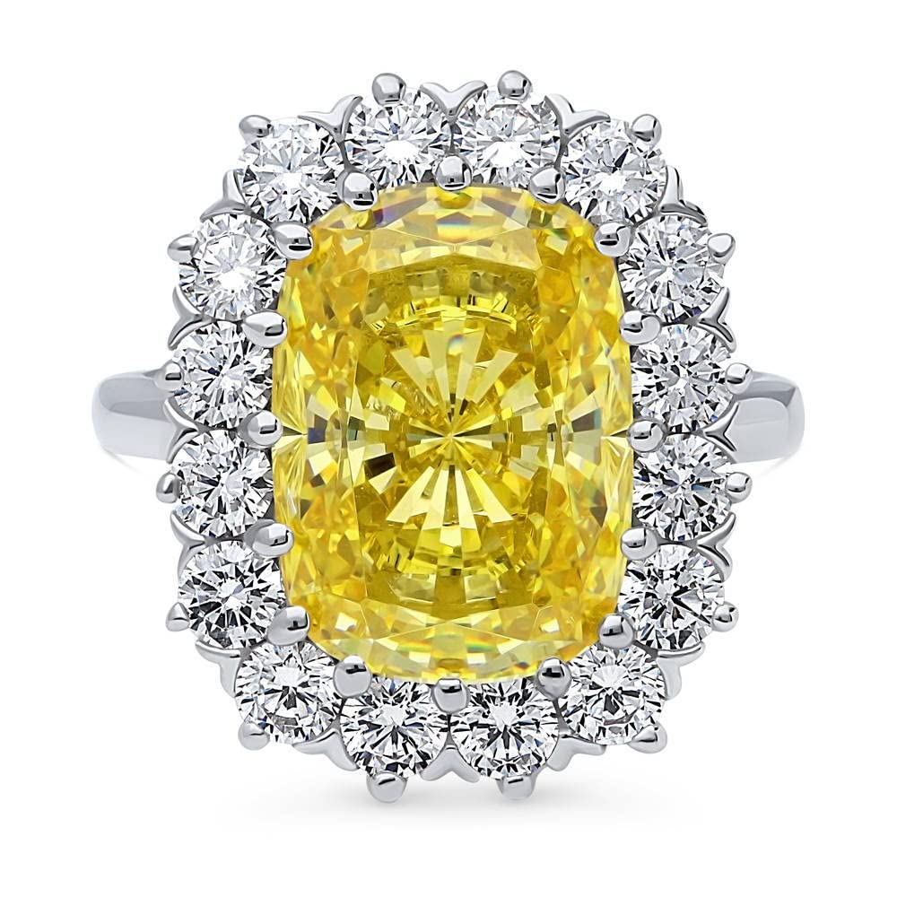 BERRICLE Sterling Silver Halo Yellow Cushion Cut Cubic Zirconia CZ Statement Cocktail Fashion Ring for Women, Rhodium Plated Size 8
