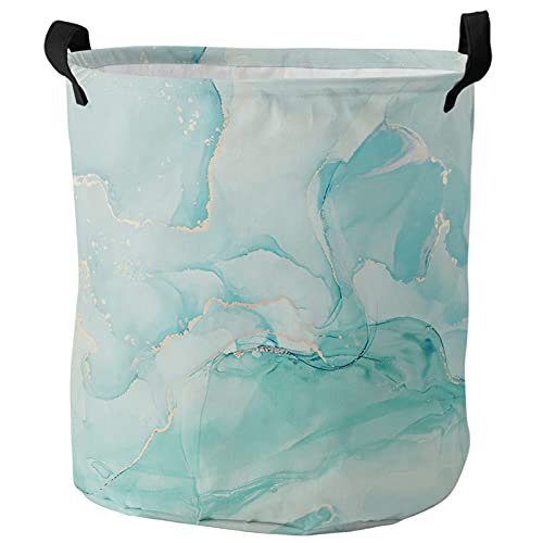 Marble Aqua Large Laundry Basket, Collapsible Bag with Easy Carry Handles, Ombre Painting Abstract Golden Line Waterproof Foldable Freestanding Hamper, Folding Washing Bin Clothes Storage Round