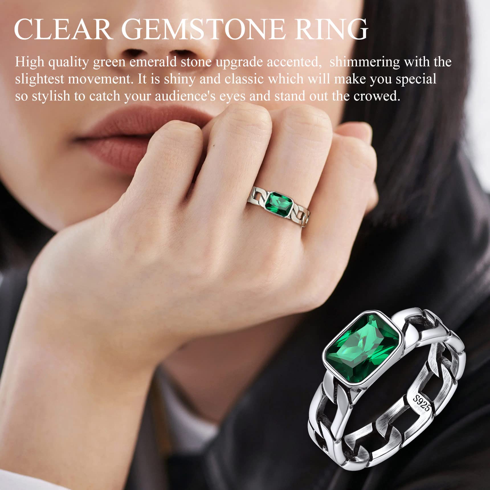 Bestyle Sterling Silver Emerald Ring Chunky Thick Cuban Link Chain Ring, Cubic Zirconia Promise Engagement Ring Couple Jewelry Gift for Girlfriend Wife, Size 10