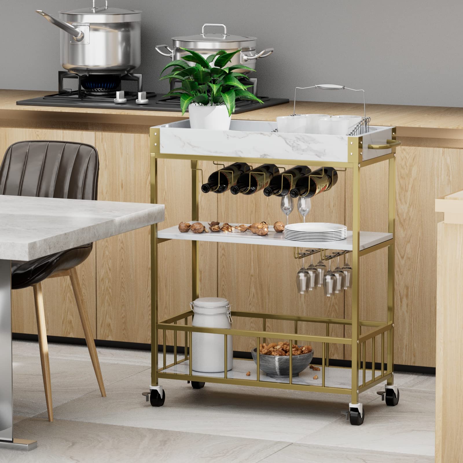 Azheruol Bar Cart White Marble 3 Tiers Removable Storage Tray with Wine Rack & Wine Glasses Holder,Rolling Beverage Cart,Mobile with Handle, Wood & Gold Steels Home Kitchen Shelf for Party