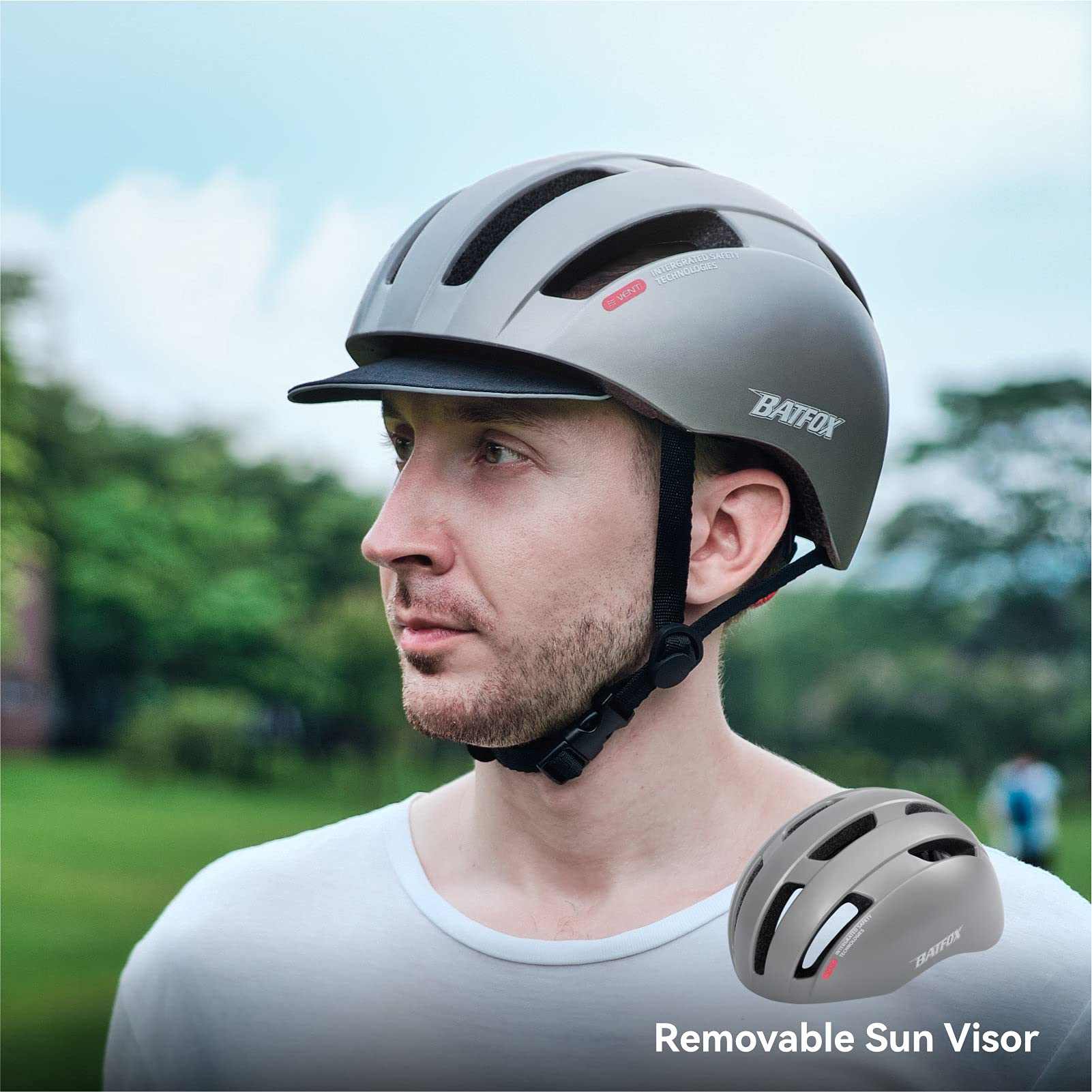 BATFOX Bike Helmet Men Women Street Road Bicycle Helmets Cycling Adults with Rear Light Reflective Coat Sun Visor Anti-Scratch (Grey)