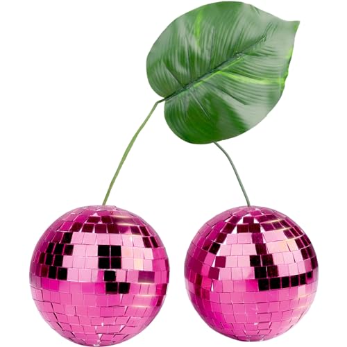 Double Cherry Disco Ball Pink Cherry Decor, Mirror Retro Reflective Disco Balls Lighting Ball for Party Stage Props Bedroom Dining Table Home Art Decorations Adorable Gift (Double Cherry-12cm/4.7in)