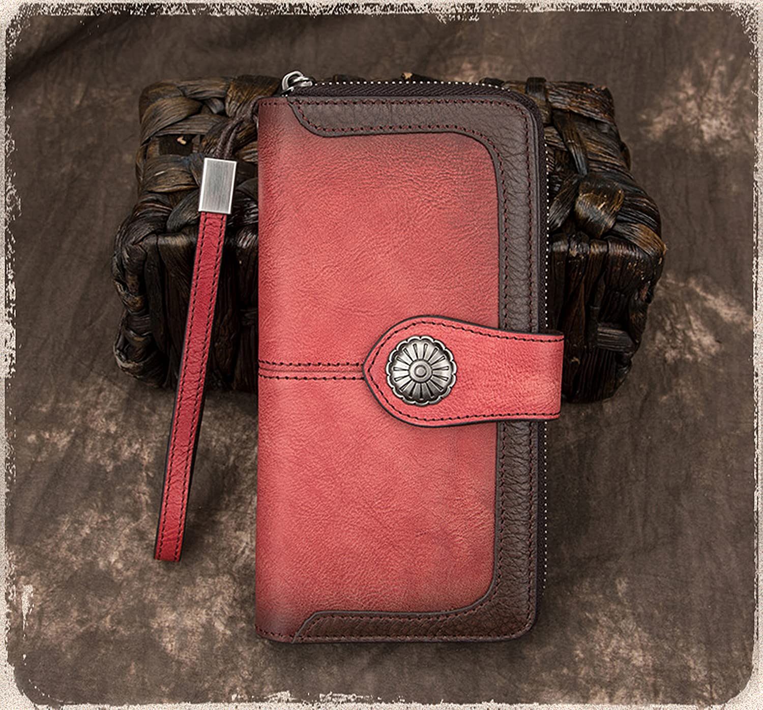 LETEULO Women's Leather Wallet Vintage Clutch Wallets Card Organizer Purse with Clutch Strap (Red)