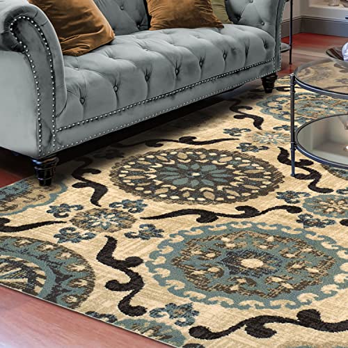 SUPERIOR Abner Collection Area Rug, 10mm Pile Height with Jute Backing, Fashionable and Affordable Rugs, Beautiful Scrolling Medallion Pattern - 5' x 8' Rug, Cream with Blue and Beige