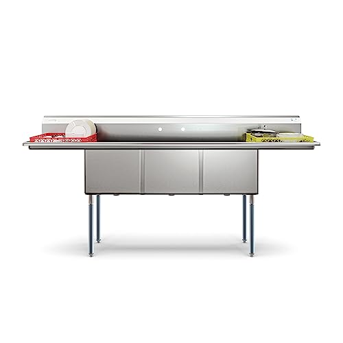 KoolMore 90 in. Three Compartment 18-Gauge Stainless-Steel Commercial Kitchen Sink, Bowl Size 18x18x14, with Three Basins and Pre-Drilled Faucet Holes and Two Drainboards (KM-SC181814-18B3)