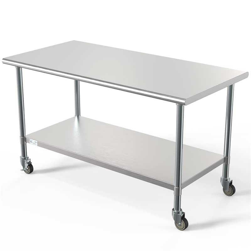 KoolMore Commercial 30β x 60β Stainless Steel Work Table Wheels Restaurant Home Use, Under Storage Shelf Food, Tools, Equipment, Hardware, Heavy Duty Metal Workspace (CT3060-18C), Silver, 30" x 60"