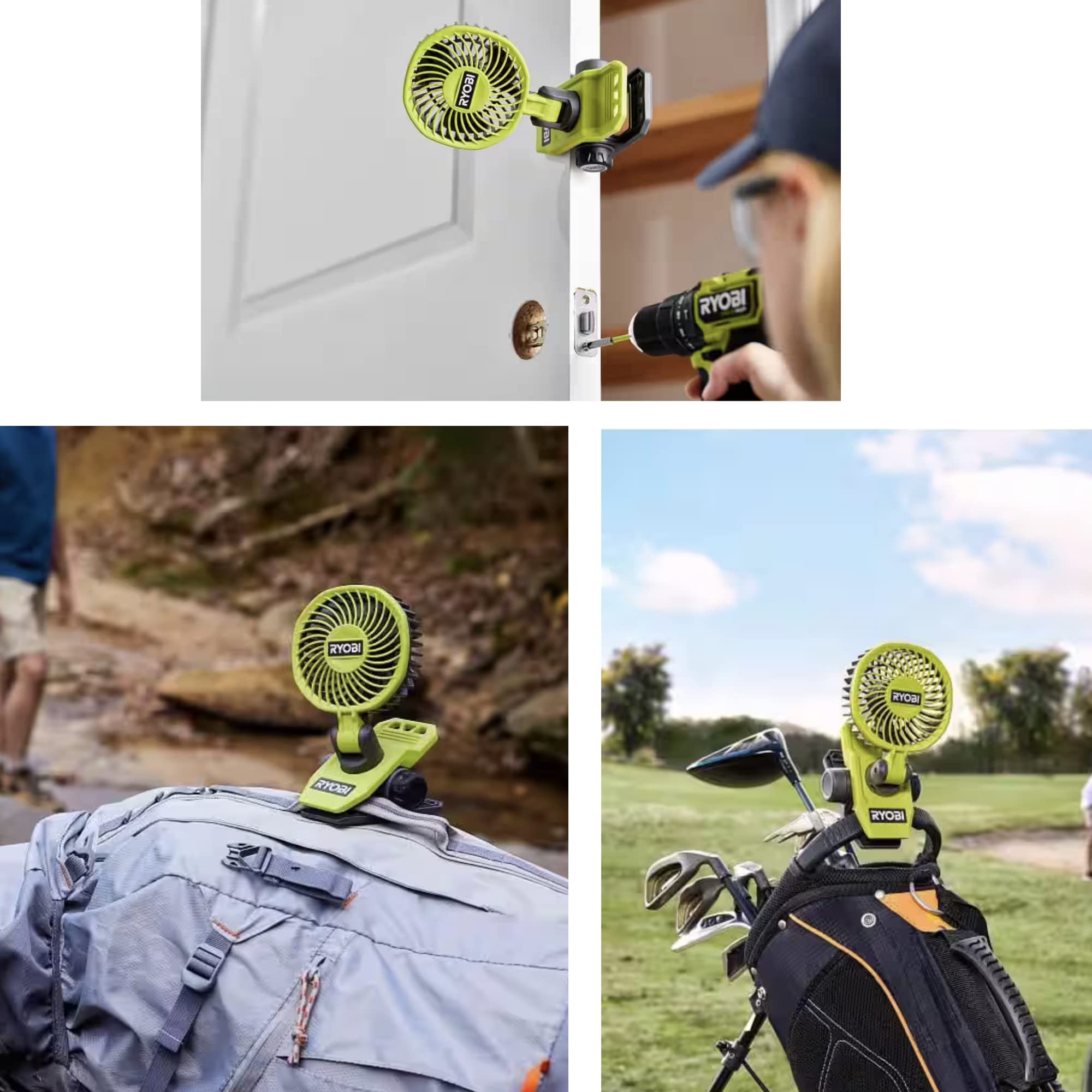 Buho Clamp Fan Accessory Bundle - Ryobi USB Fan Powerful Cooling Adjustable Head Multi-Directional Airflow 2 Speed Settings 135 CFM 7 Hours Runtime Clamping Capacity Zipper Pouch