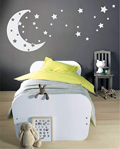Moon and Stars Night Sky Vinyl Wall Art Decal Sticker Design for Nursery Room DIY Mural Decoration (White, 22x49 inches)