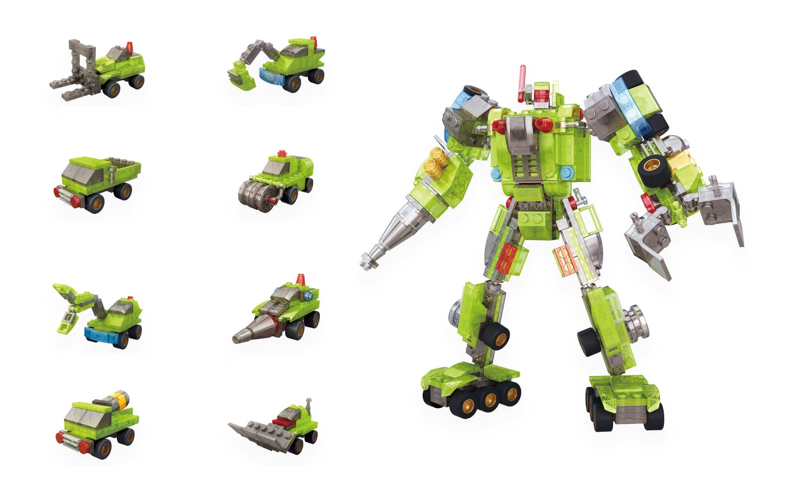 KOOKAMUNGA KIDS 8-in-1 Green Robot Building Block Kit - 8 Mini Toys Transform Into 1 Large Robot Toy - Interlocking Blocks - Transforming Buildable Set for Kids - Works with Other Blocks (318 Pieces)