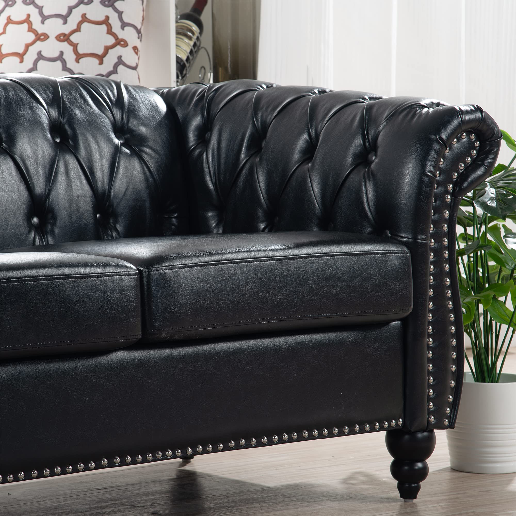 Chesterfield Luxury Leather Sofa, Upholstered PU Sofa with Tufted Back, Classic 3 Seater Leather Couch Rolled Arm for Living Room Office (Orange)