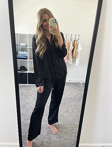 Ekouaer Black Silk Pajamas for Womens Satin Soft Sleepwear Long Sleeve Button loungewear Pj Set with Pockets Black Large