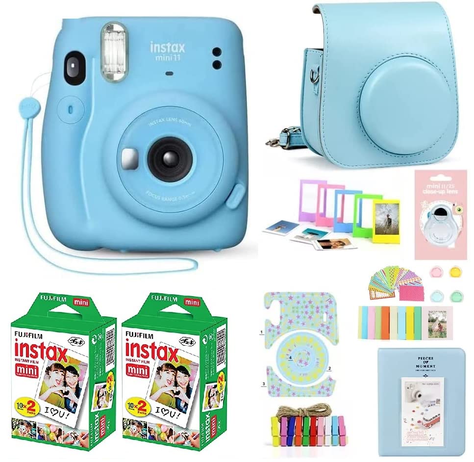 Fujifilm Mini 11 Instant Camera Sky Blue + MiniMate Accessories Bundle + Fuji Film Value Pack (40 Sheets) Accessories Bundle, Color Filters, Album, Frames