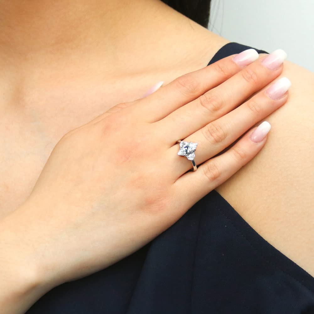 BERRICLE Sterling Silver 3-Stone Wedding Engagement Rings Marquise Cut Cubic Zirconia CZ Ring for Women, Rhodium Plated Size 5
