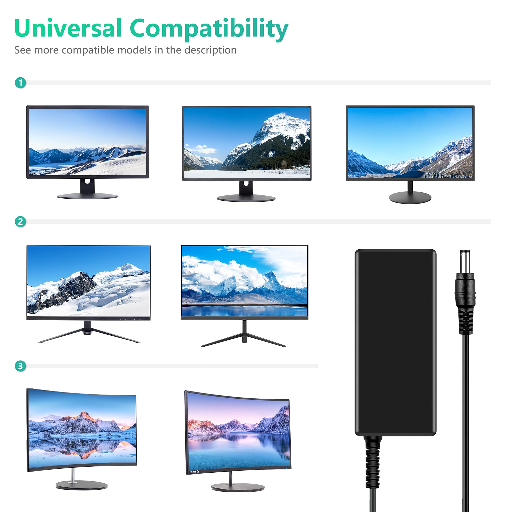 FITE ON 12V AC Adapter Replacement for Sceptre Monitor 32" 30" 27" 24" 22" 20" 19" 15" E248W-19203R E22 E248W E225W E205W E275W Screen LED-Lit & Supersonic Monitor Power Supply Cord Charger