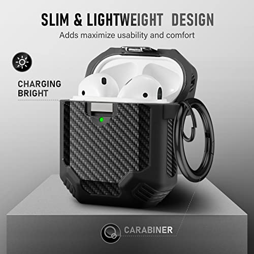Maxjoy Compatible with Airpods 1st & 2nd Generation Case, Full Body Rugged Carbon Fiber Hard Shell Protective Case Cover with Keychain for Airpods 1st & 2nd Generation Case, Black