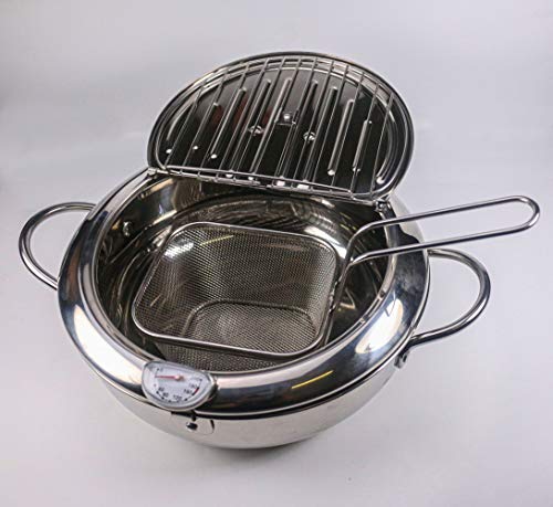 TIYOORTA Mini deep fry pan with basket draining rack Stainless steel Fryer pot with Thermometer for Chicken French Fries Fish onion ring