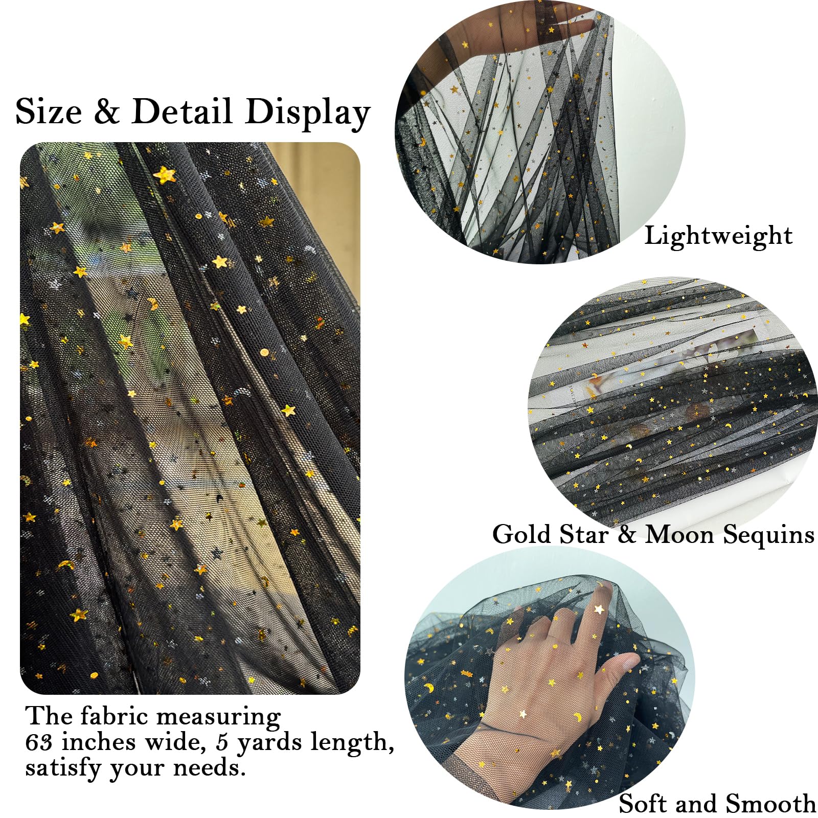 Black Glitter Tulle Fabric Rolls 63 inch by 5 Yards Gold Star Moon Sequin Tulle Netting Fabric for Tutu Skirt Sewing DIY Crafts Wedding Birthday Baby Shower