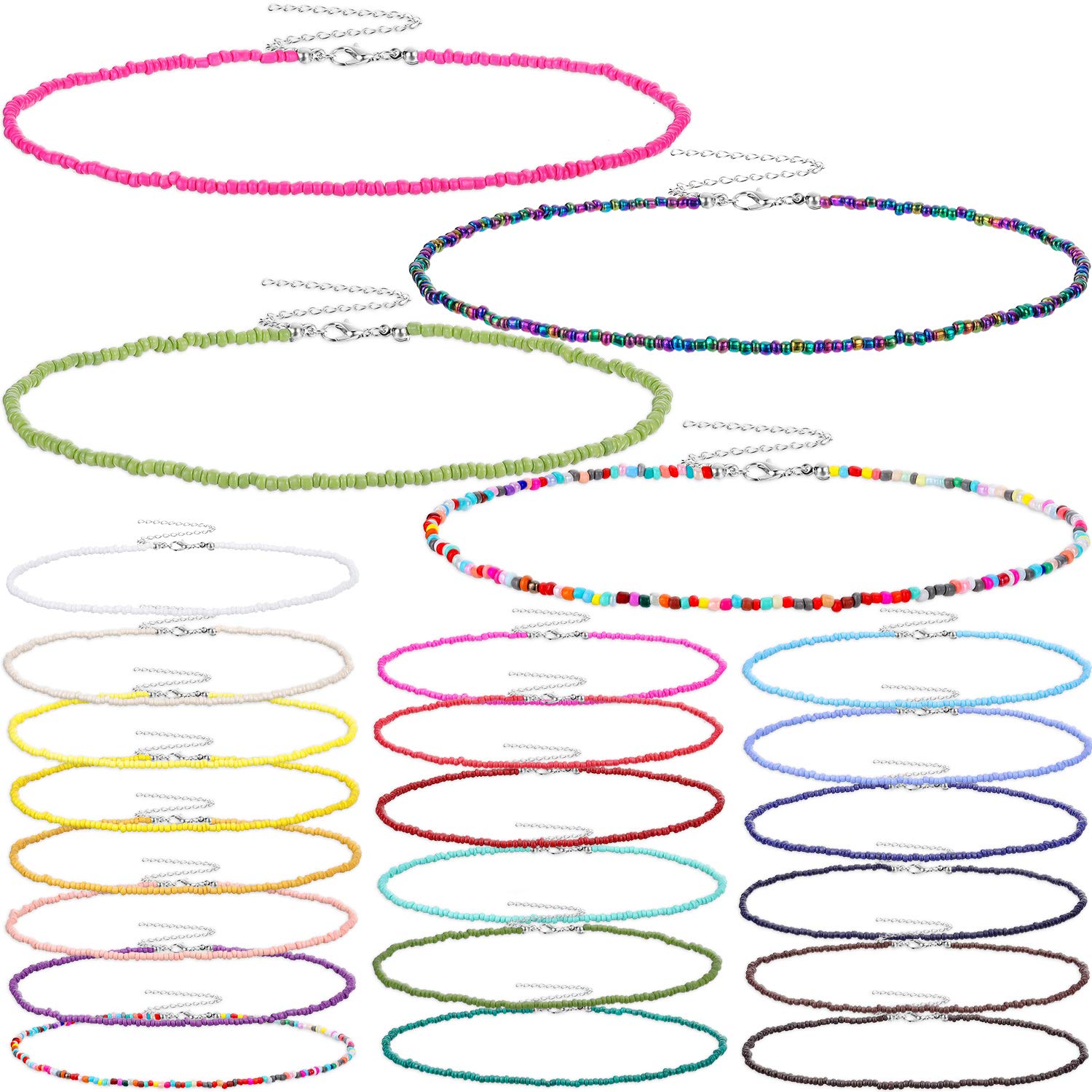 Hicarer 24 Pieces Beaded Choker Boho Seed Bead Necklace Colorful Bead Necklace Bohemian Jewelry for Women