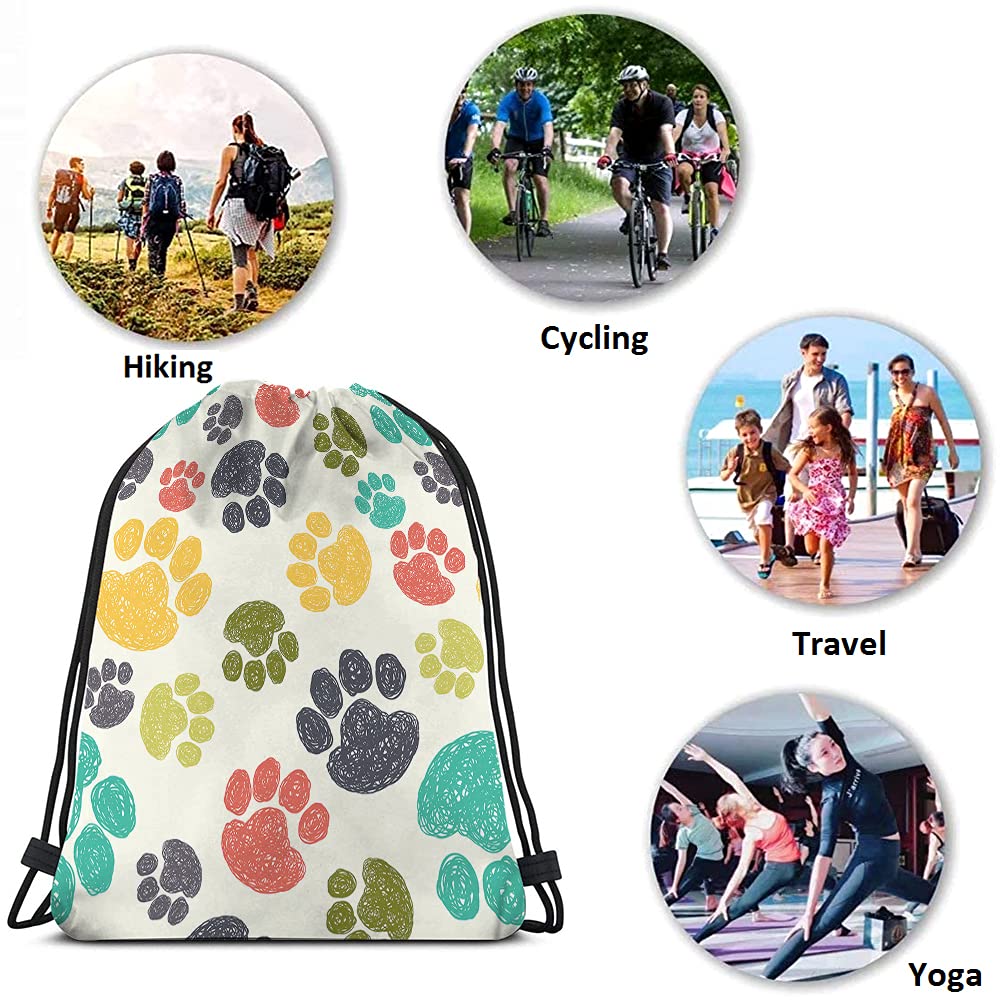 Beabes Paw Pattern Drawstring Bags Backpack Bag Cute Colorful Hand Drawn Doodle Prints Pet Puppy Footprint Drawing Sport Gym Sack Drawstring Bag String Bag Yoga Bag for Men Women