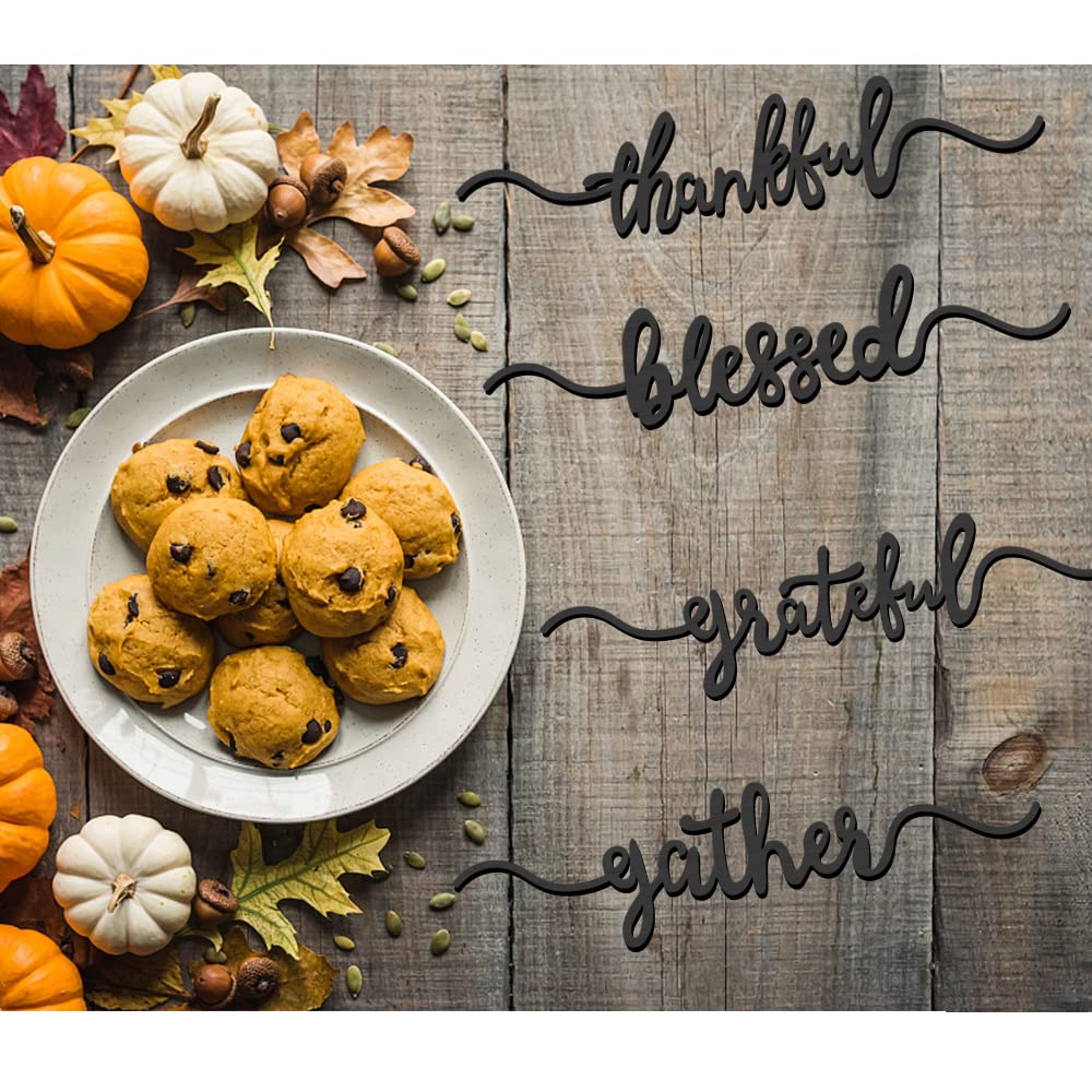 Thanksgiving Cutout Wood Table Place Card Thankful Grateful Blessed Gather Wood Word Table Decorations Fall Themed Thanksgiving Party Table Home Supplies (Black, 8)