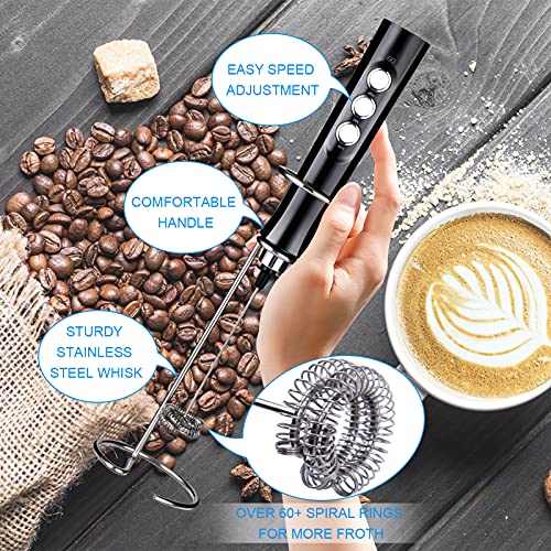 Milk Frother Handheld, Rechargable Coffee Foam Maker with Stand & 2 Whisks, Wanderland 3 Speeds Electric Coffee Mixer for Coffee, Lattes, Cappuccino, Matcha, Hot Chocolate (Black)
