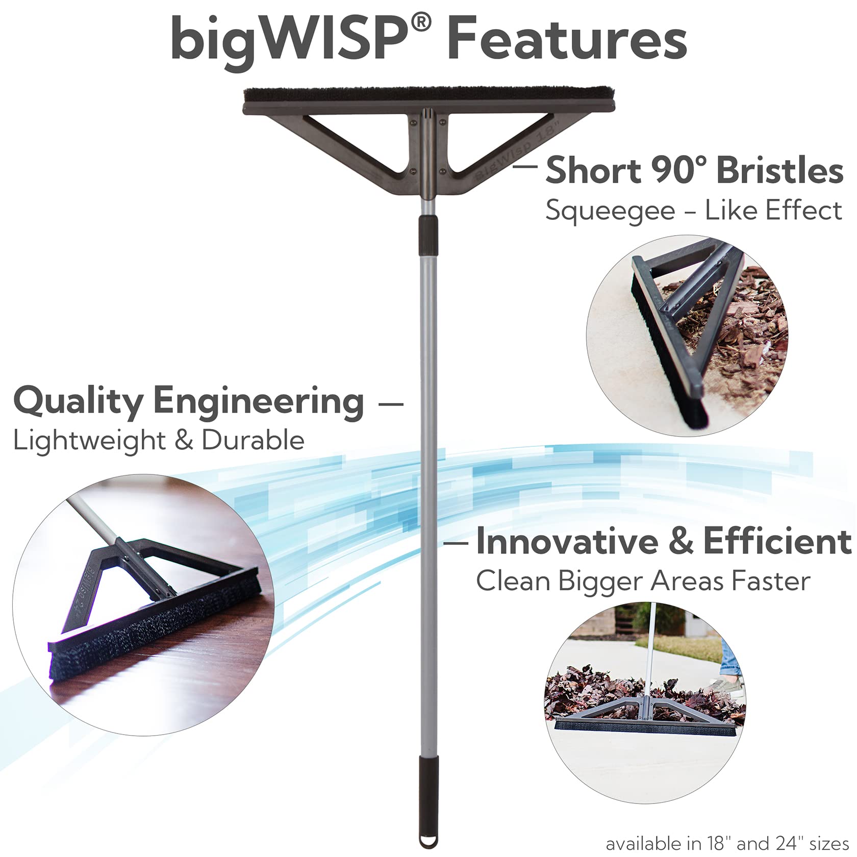 bigWISP, Lightweight Push Broom Outdoor Indoor Multi-Surface - Stiff Bristle Seal Technology and Adjustable Handle (Gray, 18")
