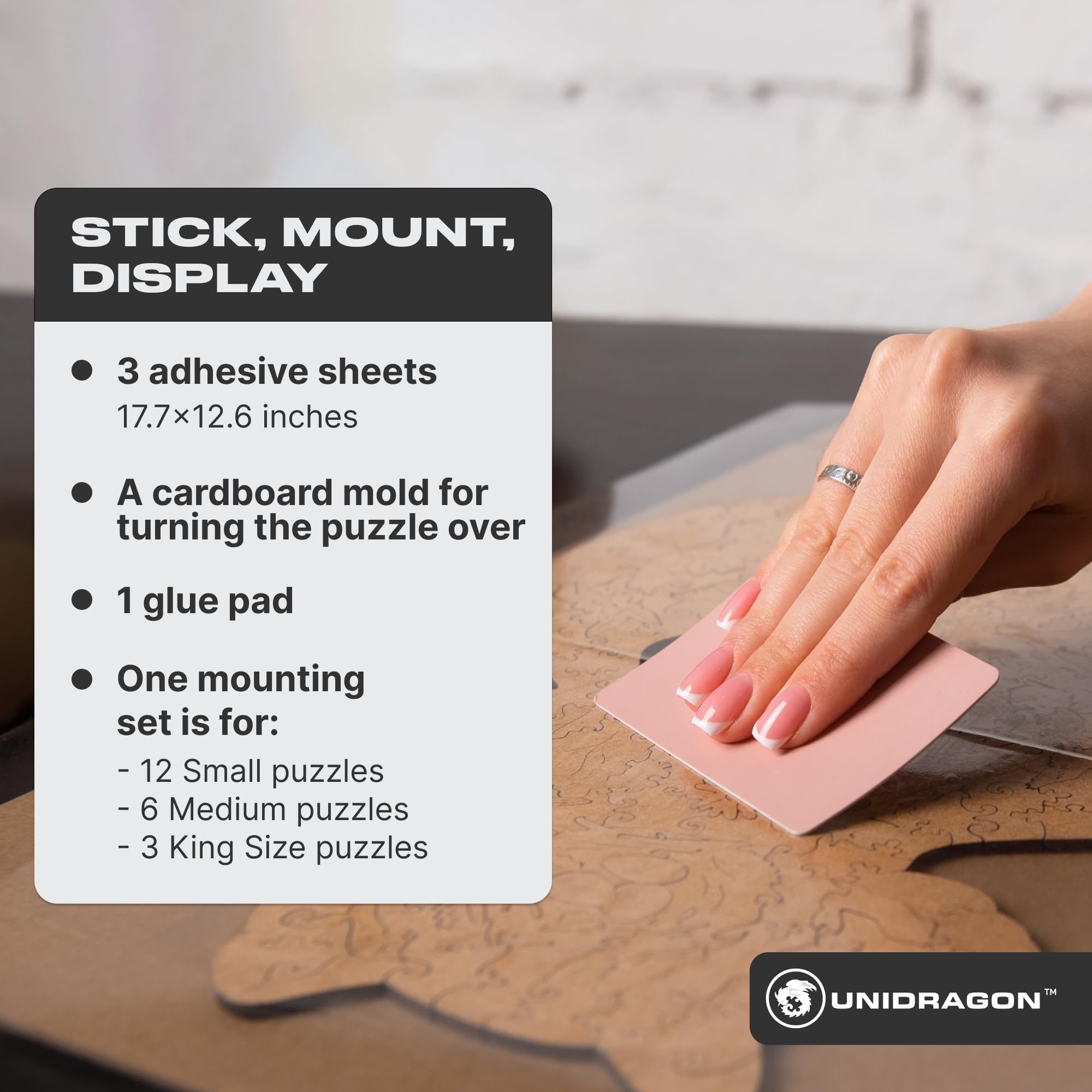 UNIDRAGON Original Jigsaw Puzzle Saver, Wall Art Mounting System to Display Completed Boards, Includes Cardboard Base, Stickers, 3 Sheets Adhesive Labels, Patches & Instructions - for KS, S & M Size