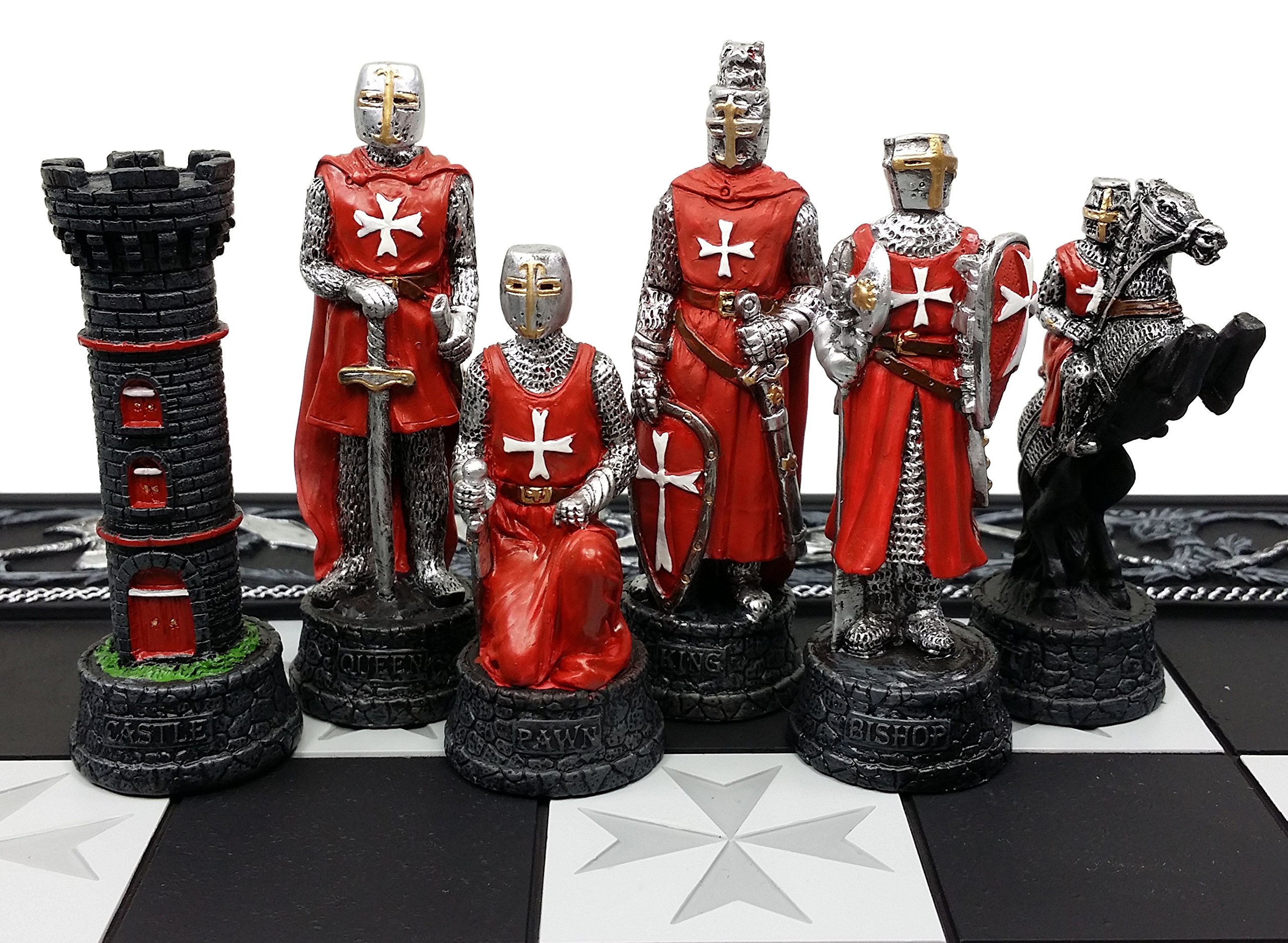 HPL Medieval Times Crusades Red and White Armored Maltese Knights Chess Set with 17" Board