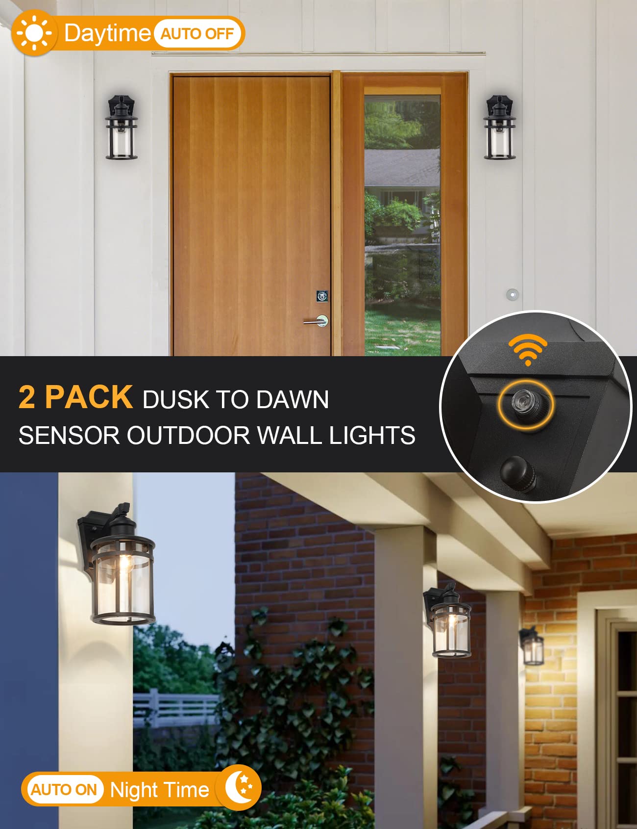 KXIEMRS 2-Pack Dusk to Dawn Sensor Outdoor Wall Lantern, Exterior Wall Mount Light Fixture, Matte Black Metal Wall Sconce with Clear Glass, E26 Base Waterproof for Backyard, Entryway, Garage, Garden…