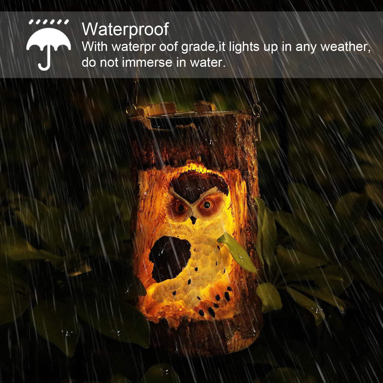 KZOBYD Solar Hanging Lanterns Outdoor Waterproof Owl Stump Lamp with Handle LED Owl Statue Light Lawn Figurine Solar Powered for Patio Courtyard Yard Garden Porch Tabletop Decor (Brown Wing)