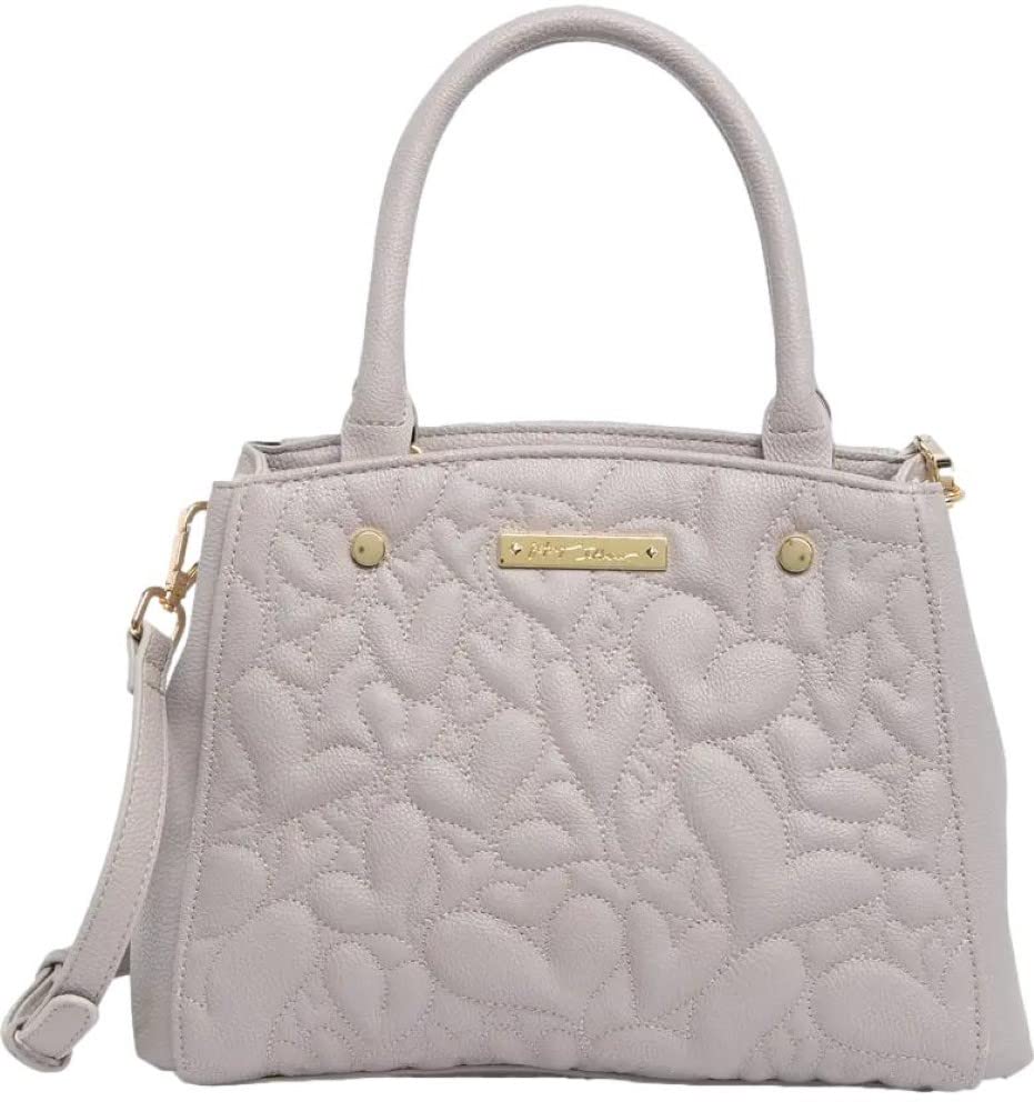 Betsey Johnson XoKiki Quilted Hearts Pebble Textured Grey Faux Leather Triple Entry Satchel Shoulder Bag