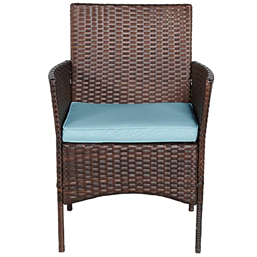 BTEXPERT Space Saving Outdoor Wicker Conversation 3 Piece Bistro Set Garden Patio Yard Porch Furniture Pe Rattan Two Chairs Cushions Side Storage Table Brown/Aqua Blue