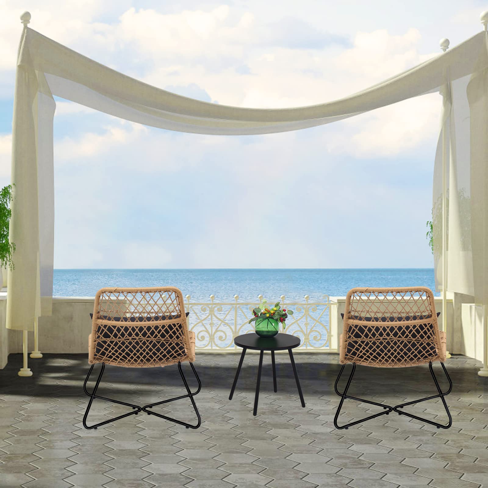 VARVIND 3-Piece Patio Bistro Set,Outdoor Wicker Conversation Bistro Sets with Side Table,Rattan Woven Rope Table Set with Lumbar Pillows,Patio Wicker Furniture for Garden,Balcony,Porch,Poolside(Black)