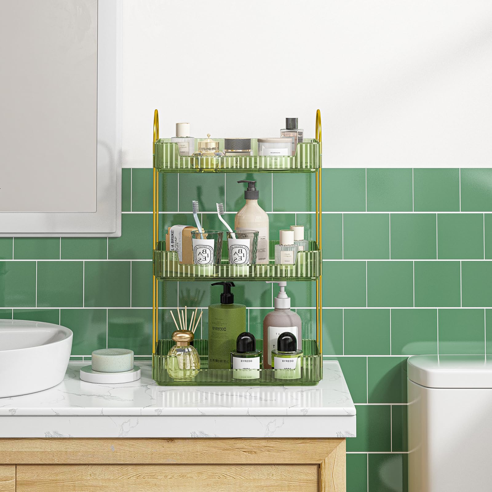 Fixwal Bathroom Counter Organizer, 3 Tier Transparent Countertop Storage for Cosmetics, Skincare, Perfume, Makeup Organizer for Vanity, Spice Rack for Kitchen (Green)