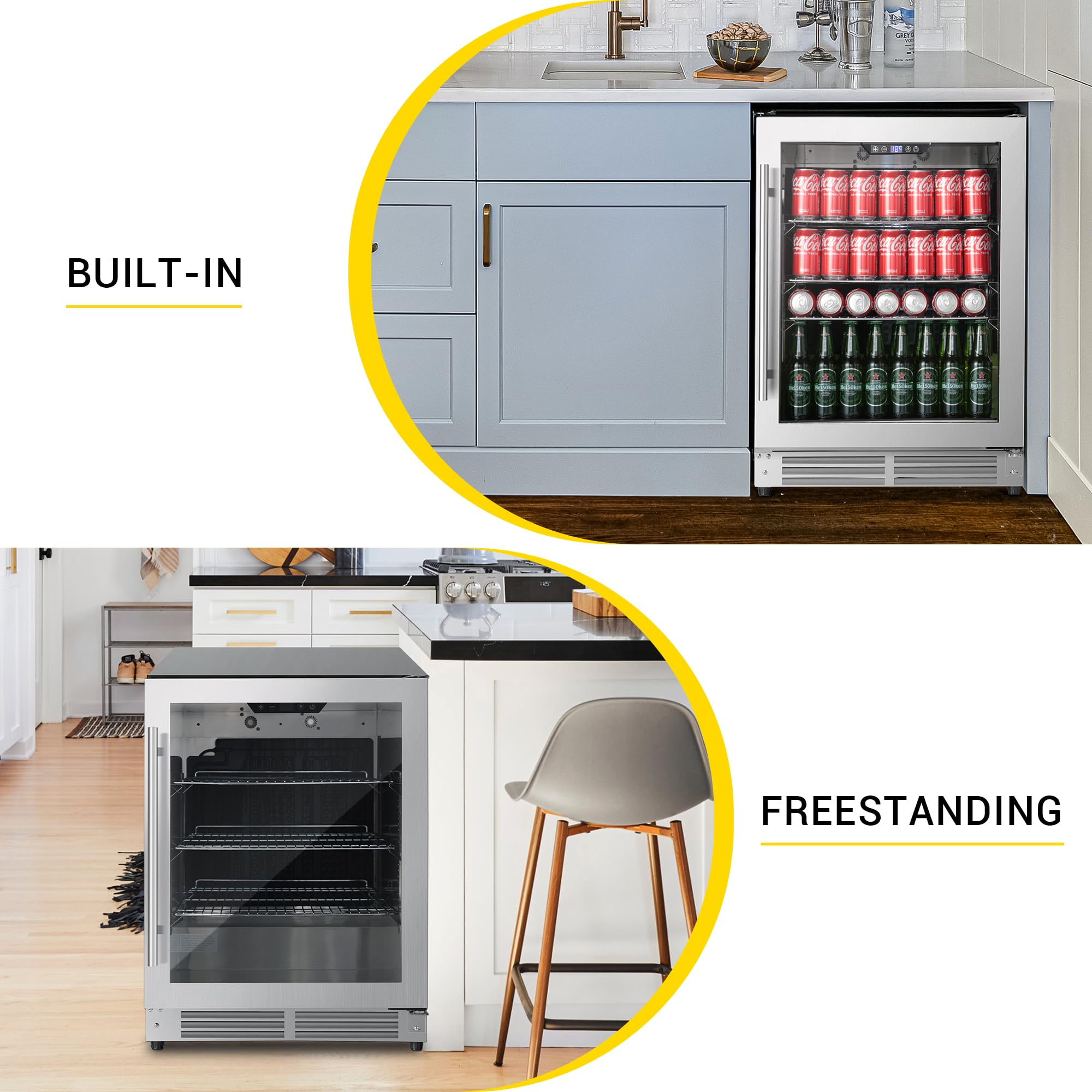 CT Copper Tailor Outdoor Beverage Cooler,132 Cans Freestanding or Built in Fridge with Glass Door, Adjustable Shelves & Digital Temperature Display for Soda, Wine or Beer(5.3 cu.ft)