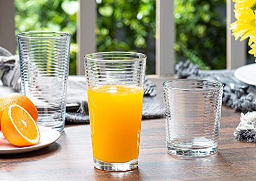 Le'raze Set of 16 Heavy Base Ribbed Durable Drinking Glasses Includes 8 Cooler Glasses (17oz) and 8 Rocks Glasses (13oz) - Clear Glass Cups - Elegant Glassware Set. Cordial Glasses