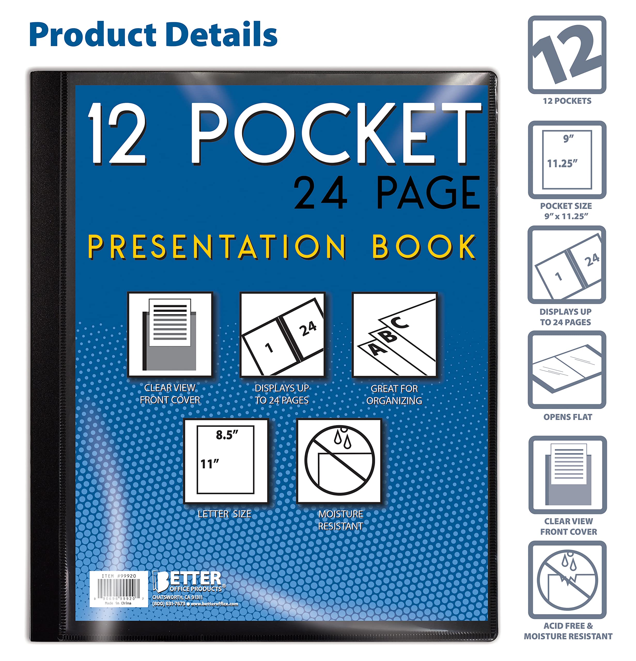 Better Office Products 12 Pocket Bound Presentation Book, Black with Clear View Front Cover, 24 Sheet Protector Pages, 8.5" x 11" Sheets, Art Portfolio, Durable Poly Covers, Letter Size, Black