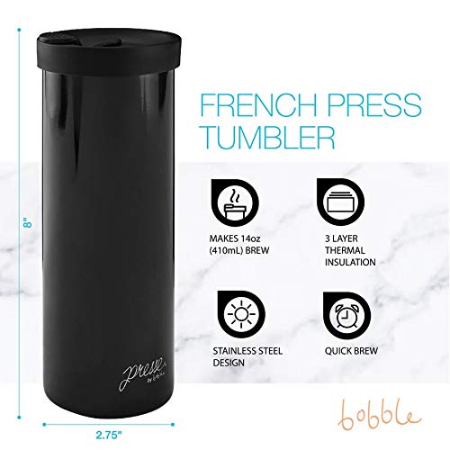 bobble French Coffee Presse, On-The-Go use, Quick Brew, Slim Design, Triple Wall Insulation, 14 oz (Black)