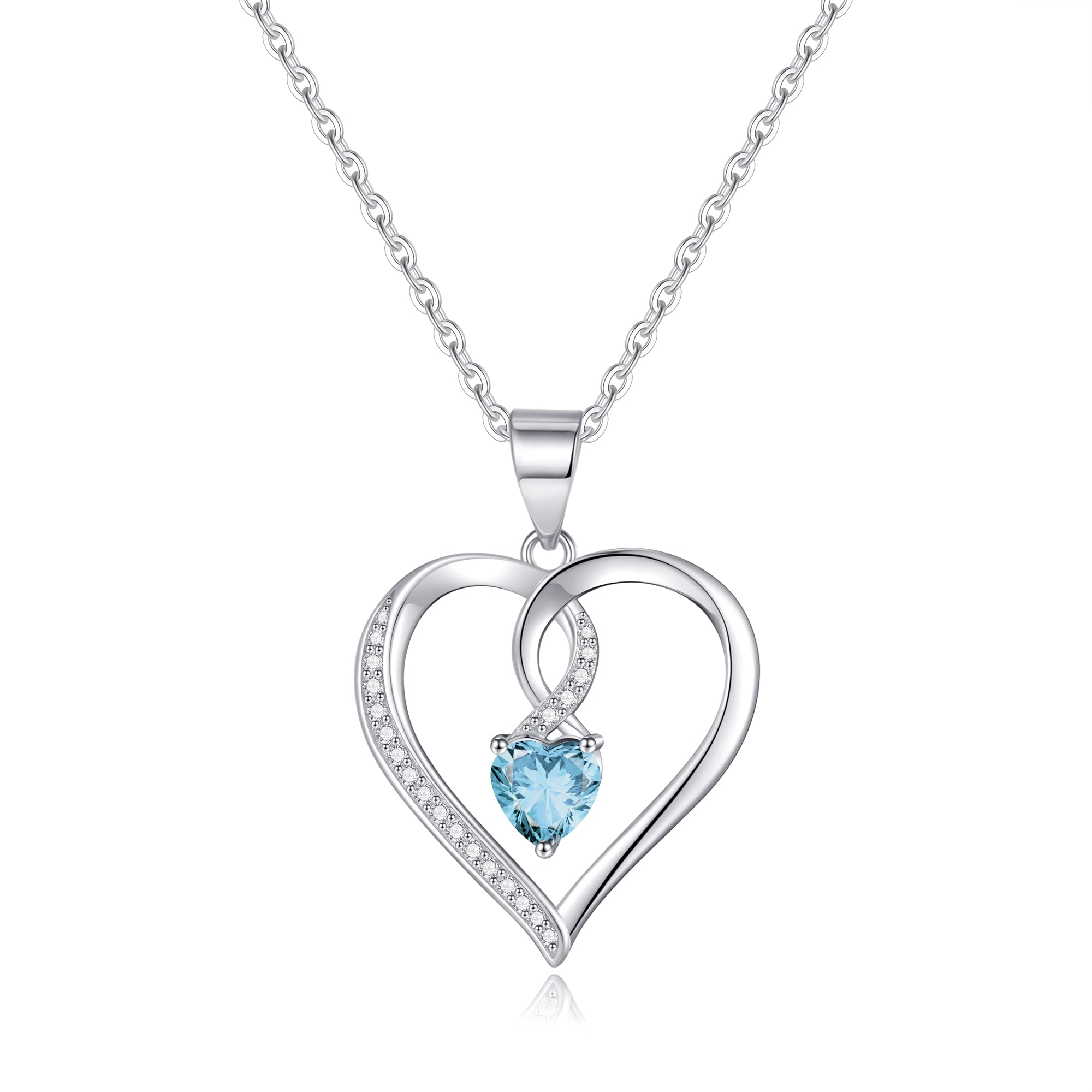 Birthstone Necklace for Women, S925 Sterling Silver Necklace March Birthstone Jewelry for Women Infinity Heart Aquamarine Necklace for Women Mom Birthday Gifts for Women