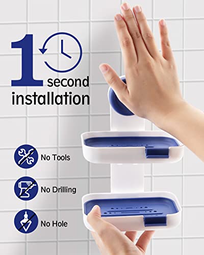 MOVNO Double Layer Soap Dish Soap Holder for Shower Wall, Sponge and Bar Soap Holder Saver for Bathroom Gadgets, Soap Container with Draining Tray Soap Case for Bathroom and Kitchen(Blue)