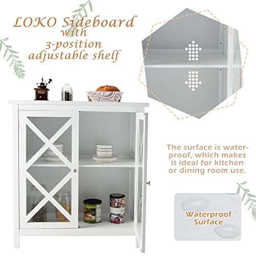 LOKO Buffet Cabinet, Kitchen Storage Cabinet with Tempered Glass Doors & Adjustable Shelves, Sideboard Cabinet Liquor Cabinet for Kitchen, Living Room, 35.5 x 15.5 x 38 inches (White)