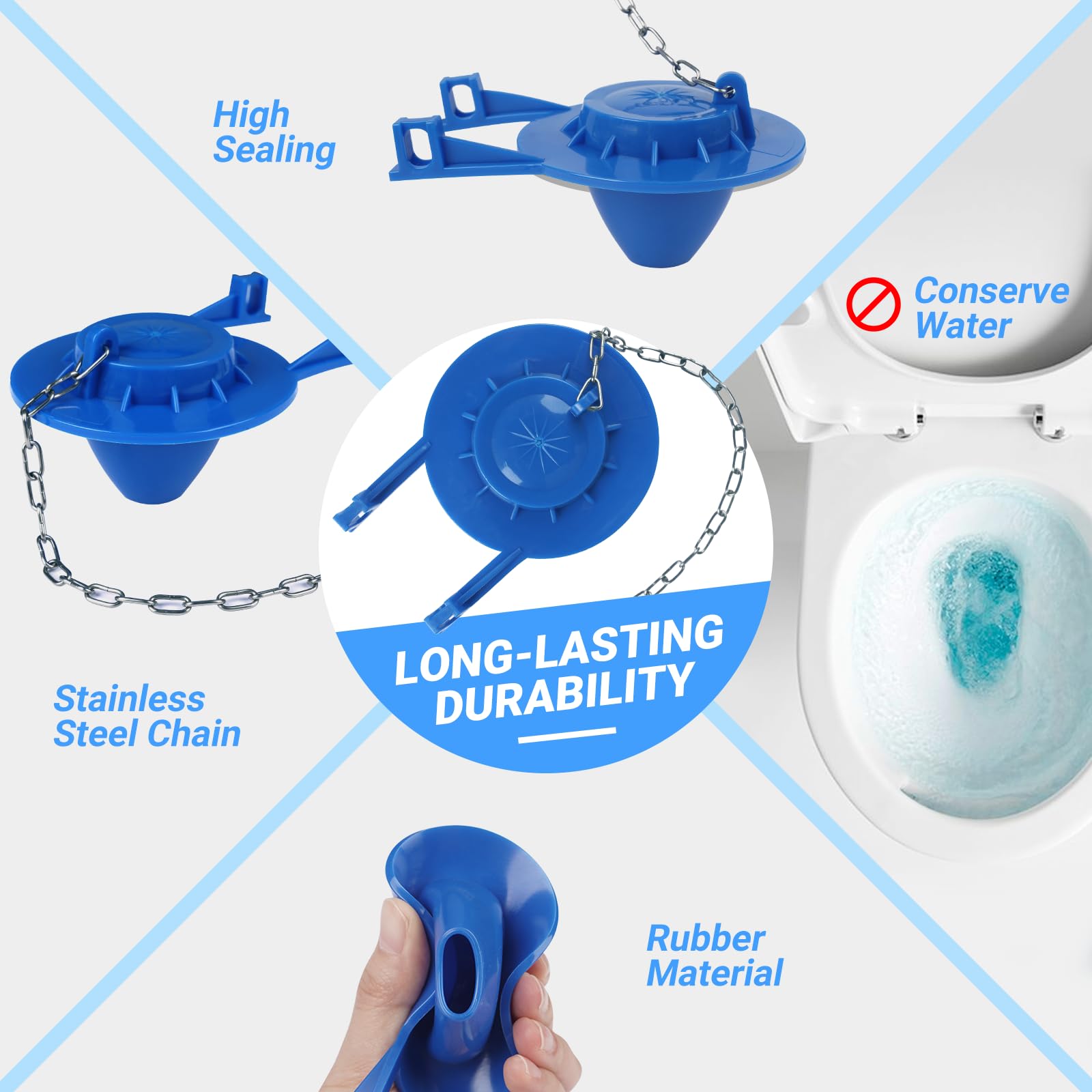 Universal Toilet Flapper Replacement 2 Inch - Compatible with Most American Standard Kohler Fluidmaster Toto Gerber Toilets Tank Water Saving Rubber Flush Valve Flapper with Stainless Chain Blue 1Pack