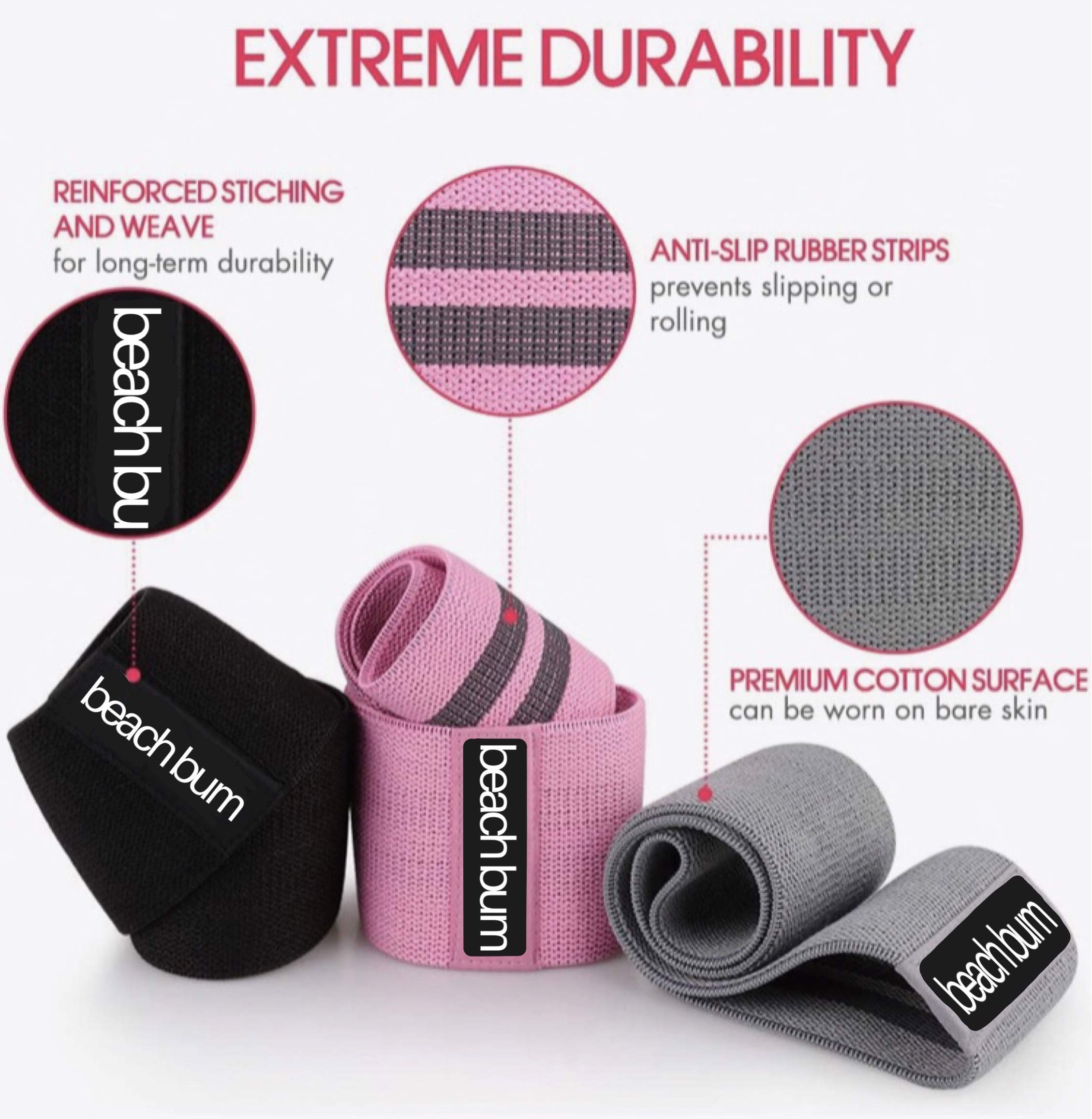 BEACH BUM Resistance Bands for Legs and Butt, Fabric Booty Bands, 3-Set Exercise Bands for Toning, Sculpting, Strength Training, Fitness, Squats, Lunges, Pilates, Yoga, Stretching, Glutes, Abs, Hips