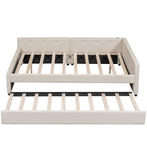 CABSETT Queen Size Upholstered Platform Bed with Trundle, Wood Daybed Frame Sofa Bed with USB for Bedroom Living Room Guest Room, Wood Slat Support, Space Saving Design, Beige