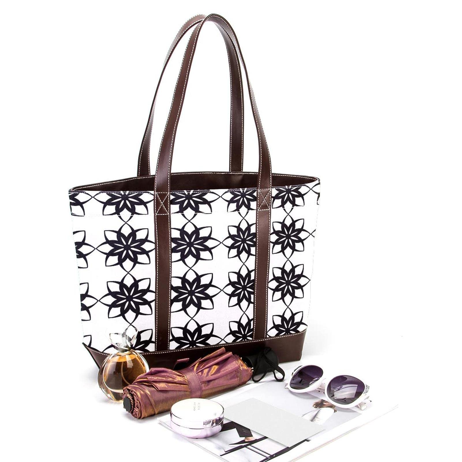 Black and White Repeating Geometric Flower Pattern Tote Bags Large Leather canvas Purses and Handbags for Women Top Handle Shoulder Satchel Hobo Bags