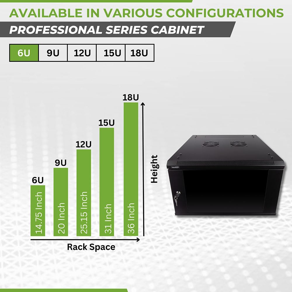 NavePoint 6U Server Rack Enclosure - 23.6β Deep, 6U Wall Mount Network Cabinet with Locking Glass Door for 19β IT Equipment, 6U Network Rack with 2 Fans, Removable Side Panels, Black