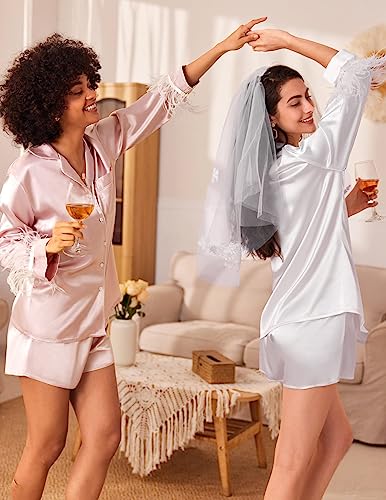 Ekouaer Women's Feather Trim Silk Satin Pajamas Set Long Sleeve Lounge Sets Comfy Long Sleeve Sleepwear Party Pjs Champagne L