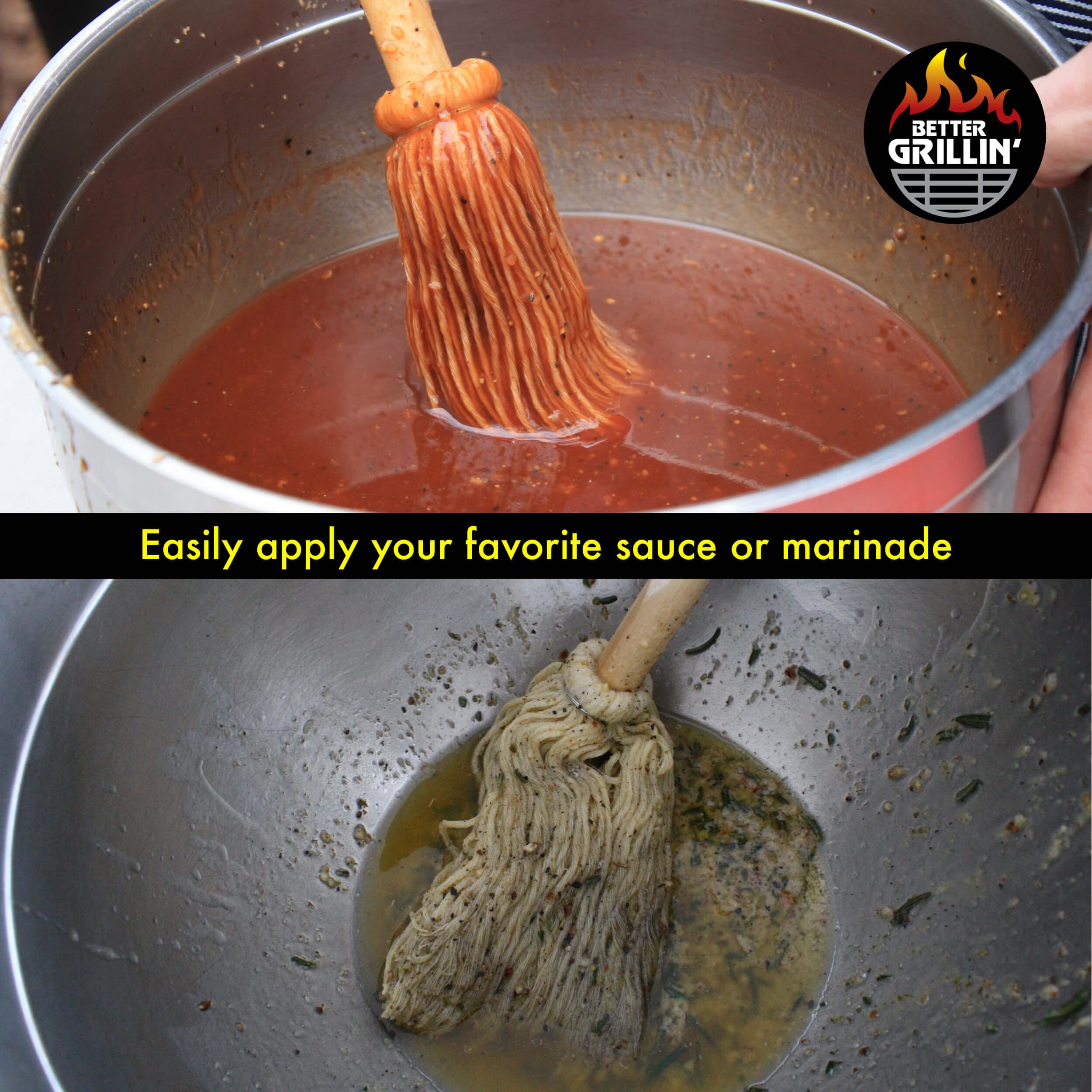 Better Grillin BBQ Bastin Mop Basting Barbecue Brush/Mop Easily Applies Marinades, Sauces, Washes Out, 16in Handle, 2pk